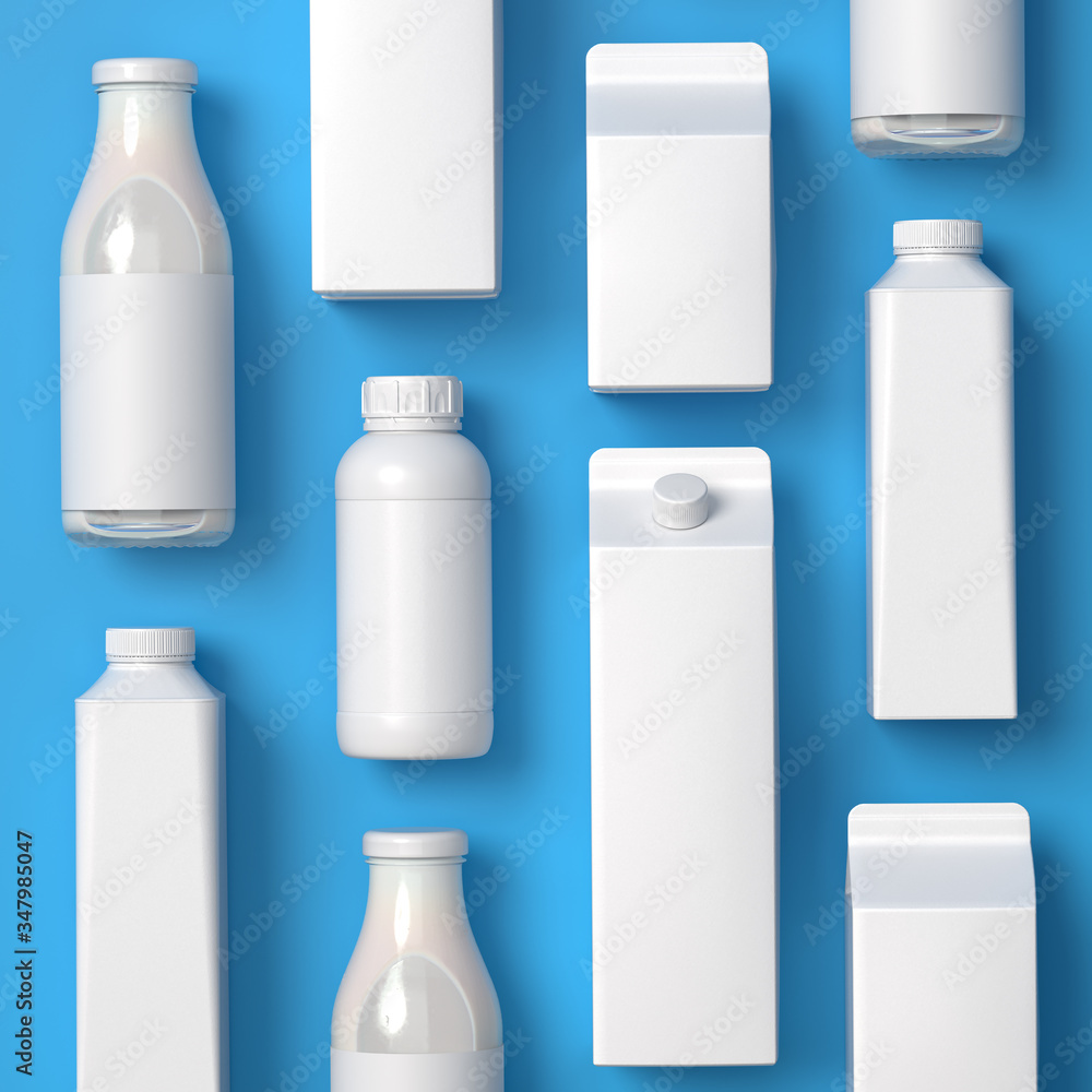 Top viewed 5 types of blank lying milk packaging on the blue background ...