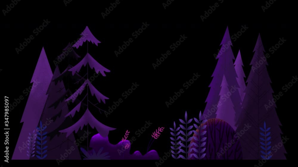 Seamless loop. Group of evergreen trees, grass and bushes swinging in ...