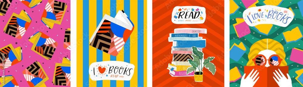 I love books. Vector illustration of abstract pop art posters with ...