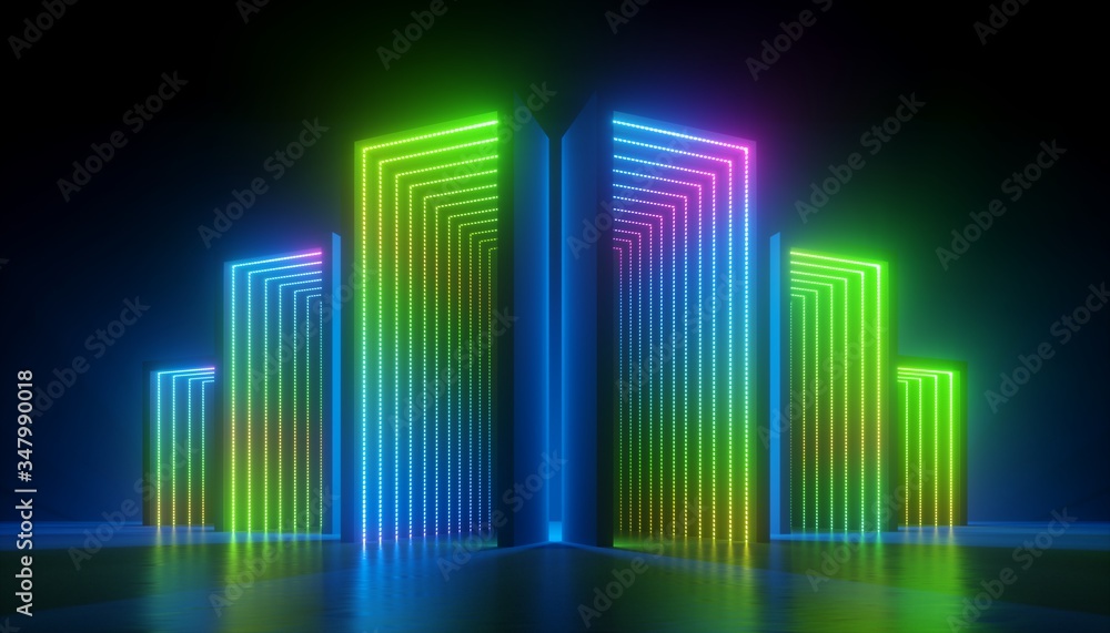 3d render, abstract colorful neon background, empty boxes with green ...