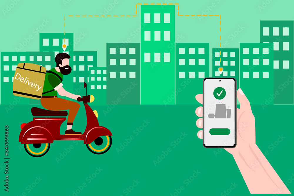 Food delivery service by scooter with courier. Hand holding mobile ...