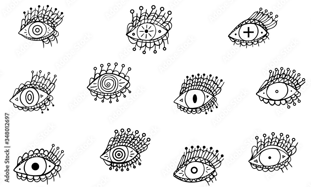 Set of eleven magical all-seeing eyes in black and white. Mystical ...