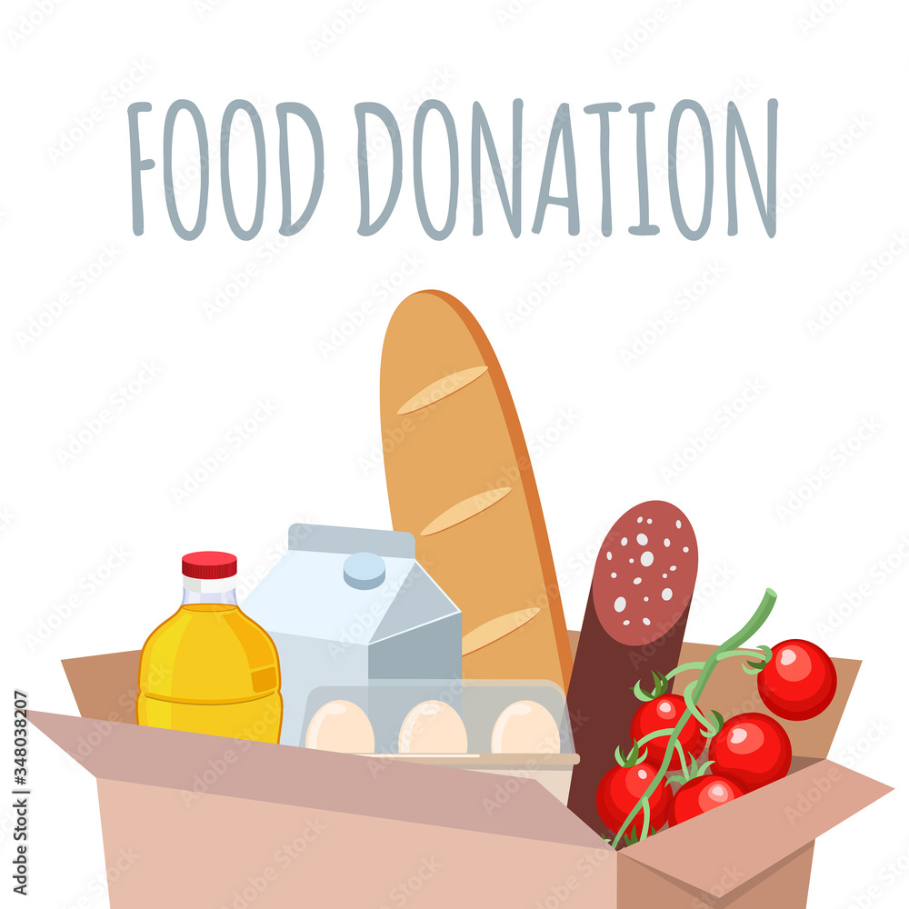 Box with different food and products for help. Support social care ...