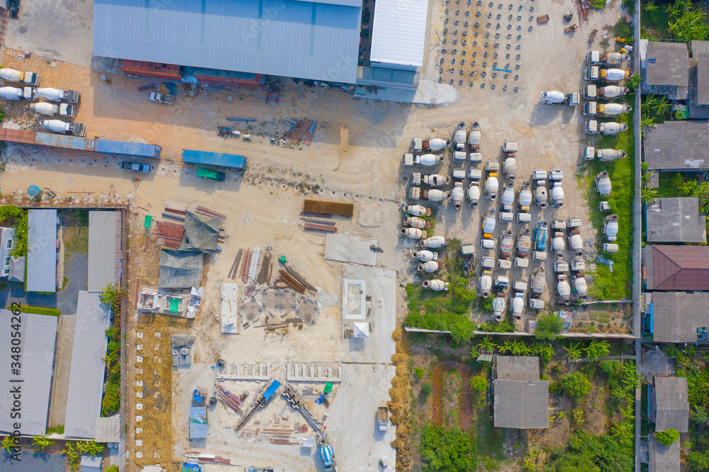 Aerial top view of busy industrial factory or plant. Construction site ...