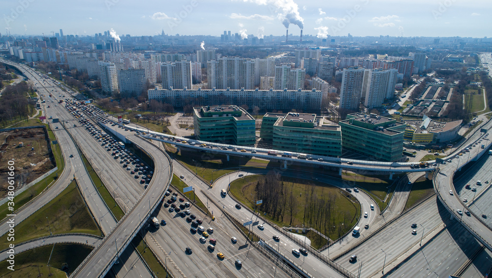 MOSCOW, RUSSIA - APRIL 15, 2020: An aerial view of a traffic congestion ...