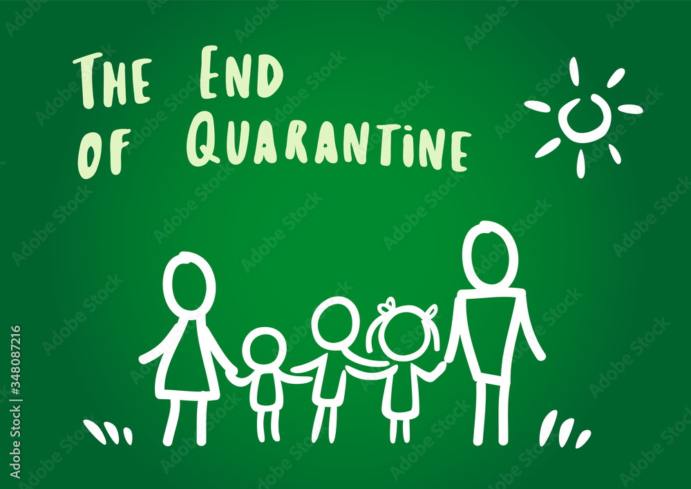 The end of quarantine with happy family and sun in cartoon style ...