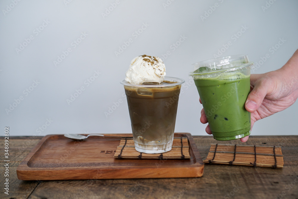 Iced Matcha and Hojicha float. Two plastic cup of matcha green tea ...