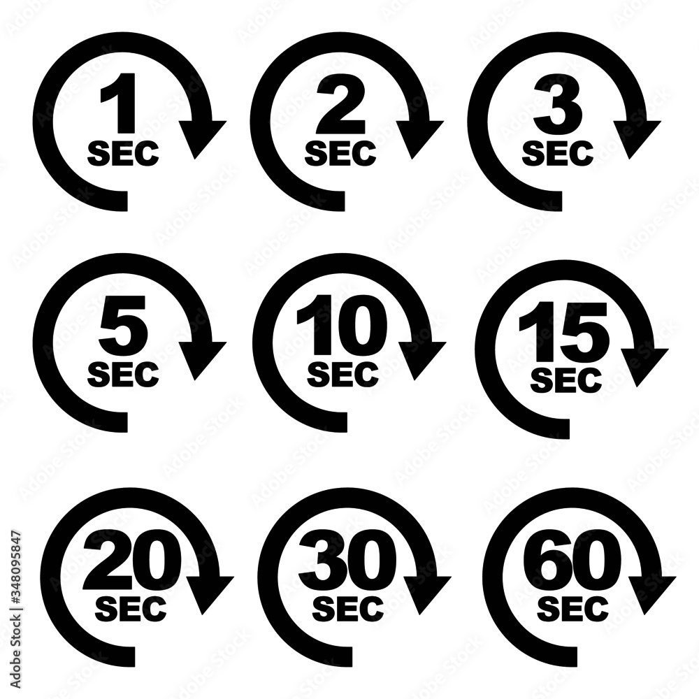Waiting time icon set - From 1 second to 60 seconds vector illustration ...