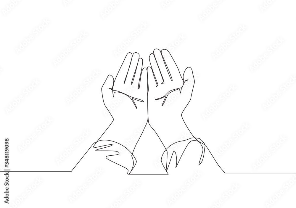 Single continuous line drawing of muslim person open and raise hands ...