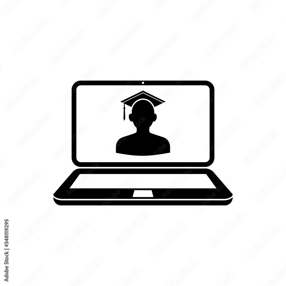 E-learning icon vector laptop with education hat sign for graphic ...