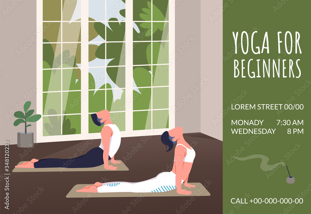 Yoga for beginners banner flat vector template. Pilates class brochure ...