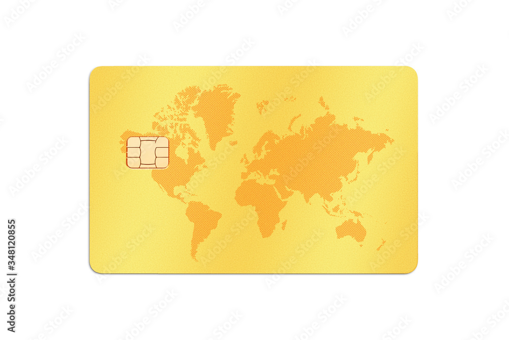 Gold credit card with electronic chip and the image of a world map ...