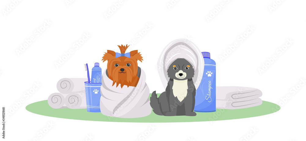 Washed dogs flat color vector character. Grooming premium salon. Pet ...
