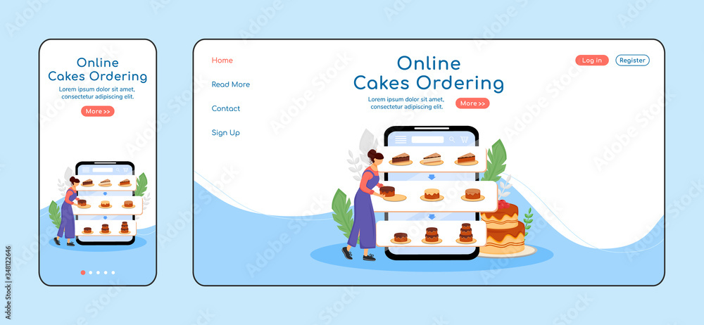 Online cakes ordering adaptive landing page flat color vector template ...
