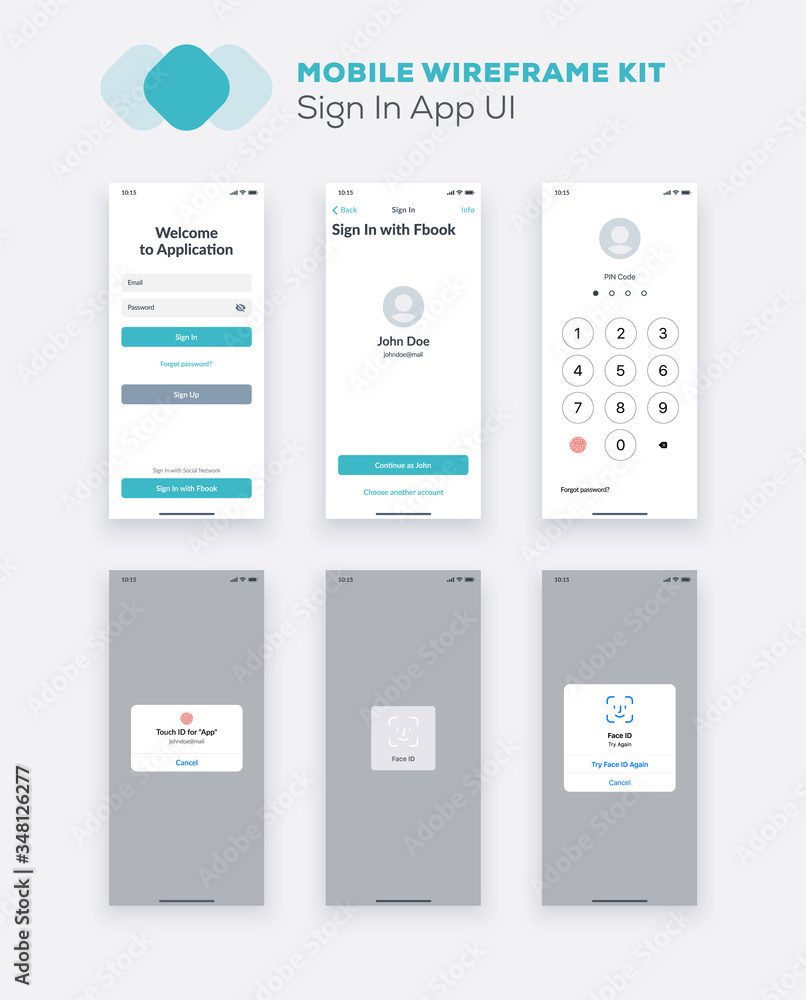 Wireframe UI kit for smartphone. Mobile App UX design. New OS sign in ...