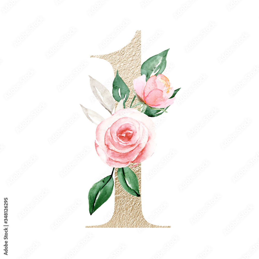 Number 1 gold with watercolor flowers roses. Hand drawing floral ...