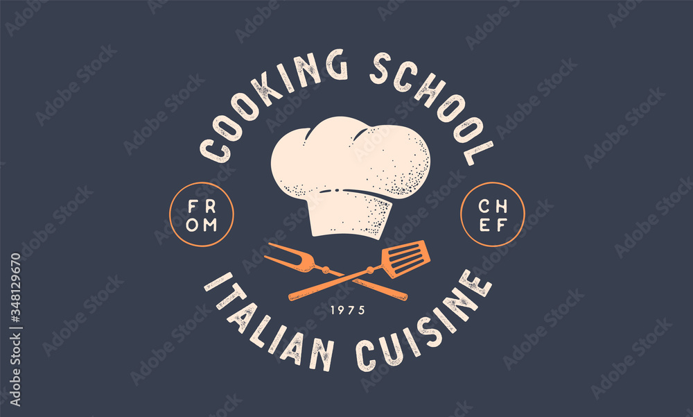 Food logo. Logo for Cooking school class with icon bbq tools, grill ...