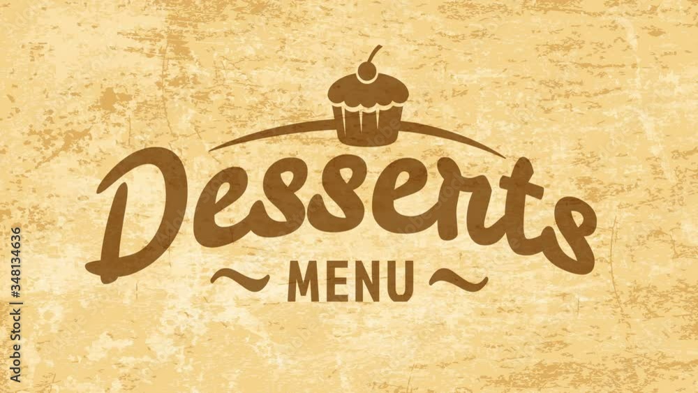 tasty desserts tag concept with cursive typography over golden vintage ...