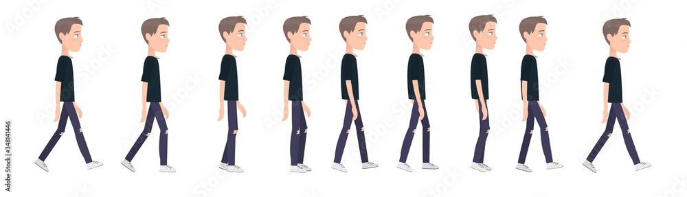 Full cycle of gait animation of a young guy in trendy clothes. A young ...