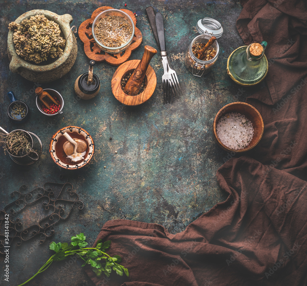 Rustic food background with vintage kitchen utensils. Herbs and spices ...