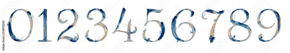 Watercolor abstract marine numbers set with gold strokes from 0 to 9 ...