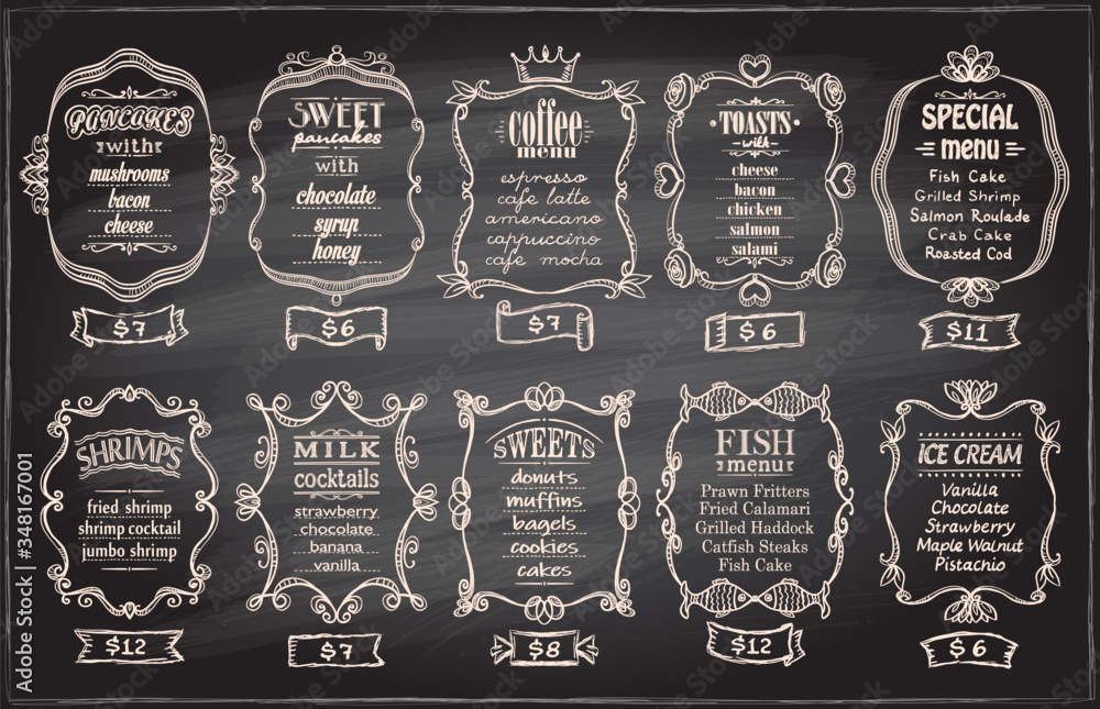 Chalk menu set with antique frames on a blackboard - pancakes, coffee ...