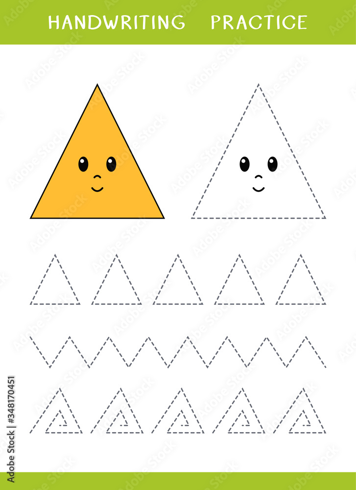 Handwriting practice sheet with triangle shapes. Simple educational ...