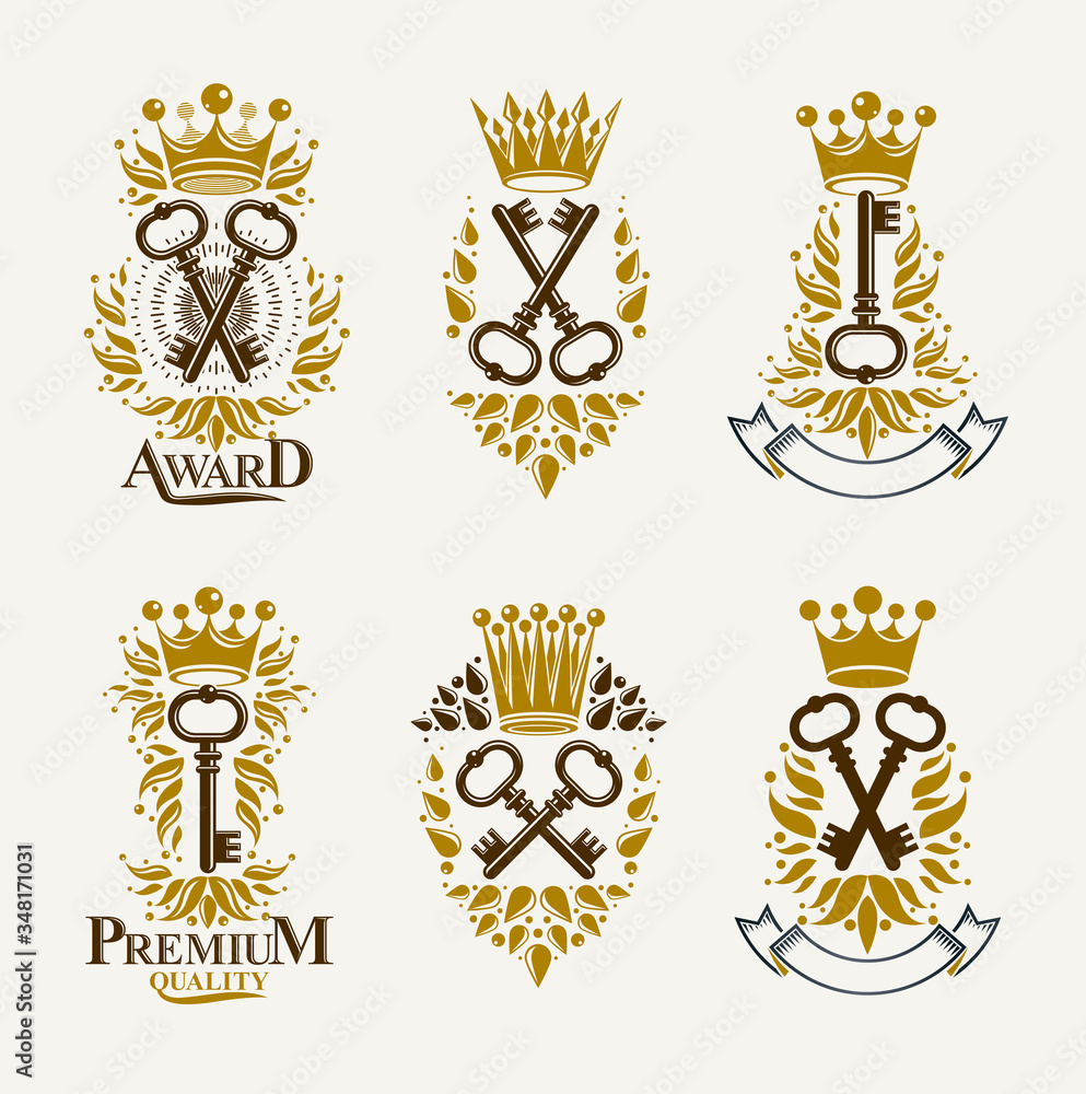 Vintage keys vector logos or emblems, heraldic design elements big set ...