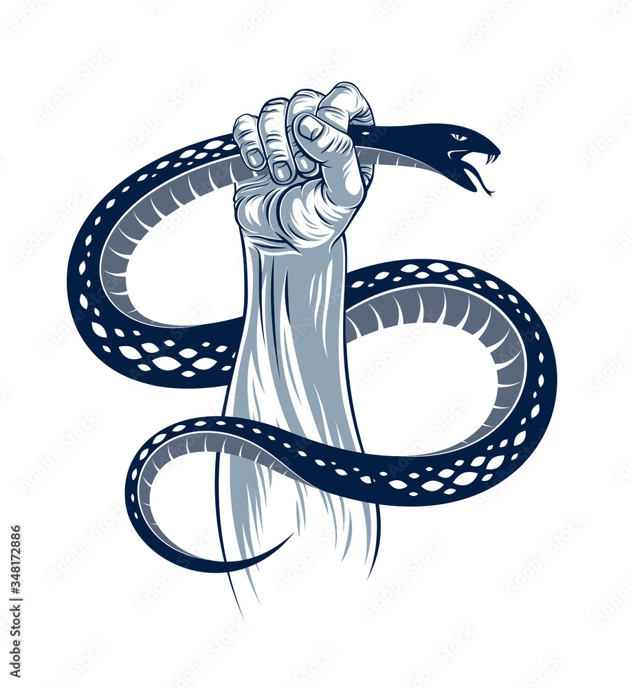 Hand squeezes a snake, fight against evil devil and Satan, control your ...