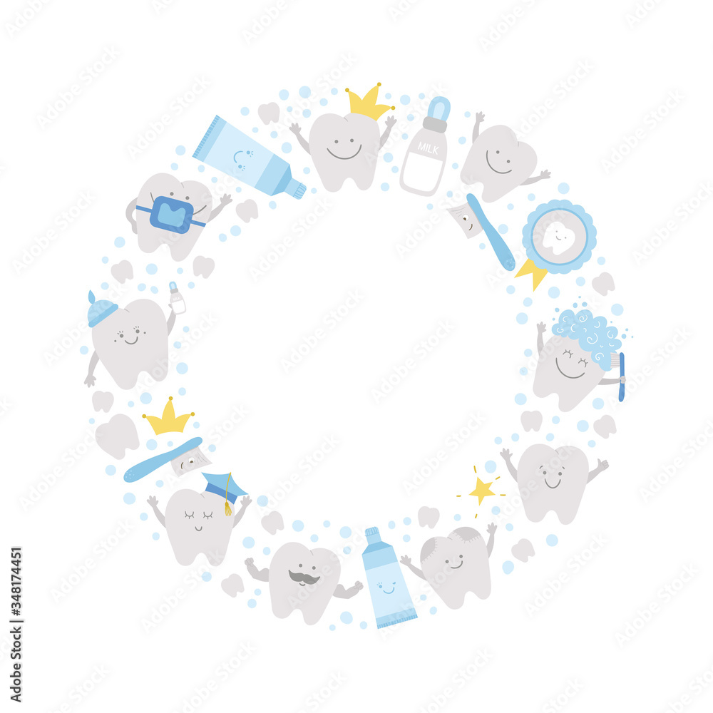 Vector round frame with cute teeth. Wreath card template with kawaii ...