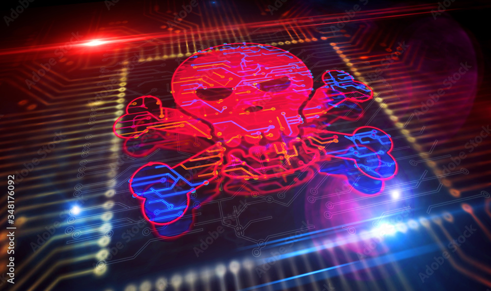 Processor factory with laser burning of cyber crime and skull symbols ...