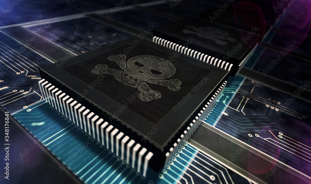 Processor factory with laser burning of cyber crime and skull symbols ...
