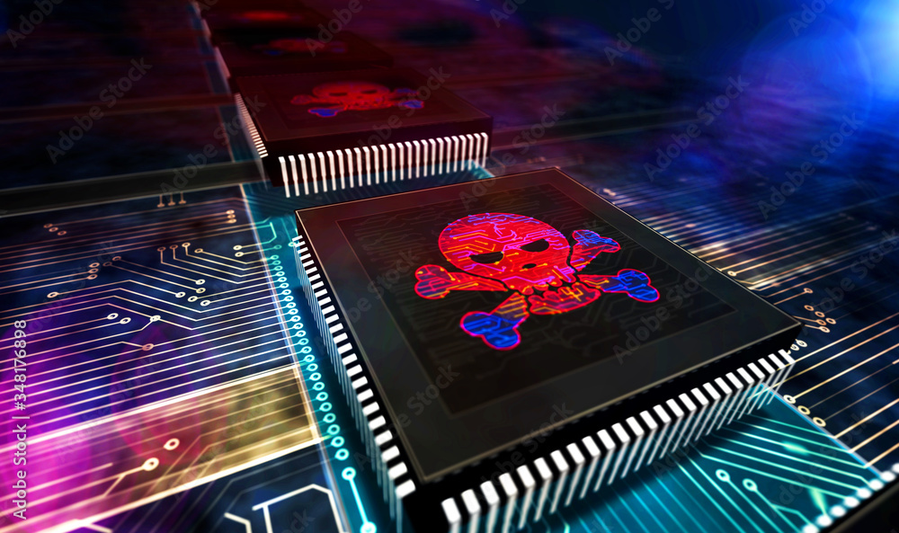 Processor factory with laser burning of cyber crime and skull symbols ...