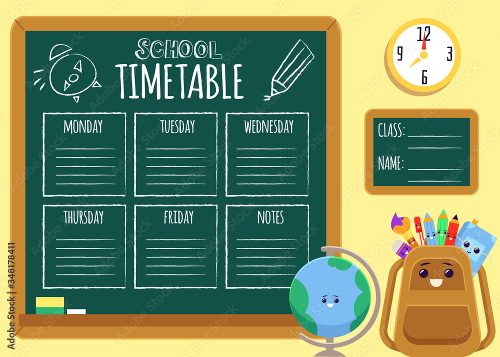 Cartoon school timetable on chalkboard with text template and cute ...
