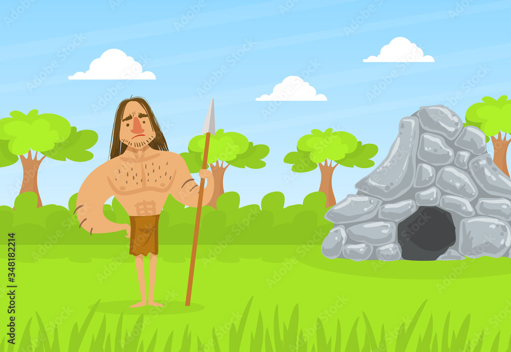 Prehistoric Caveman in Animal Skin Standing with Spear on Stone Age ...
