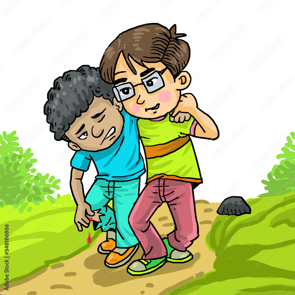 Cartoon boy helps his friend that was injured by accident Stock Vector ...