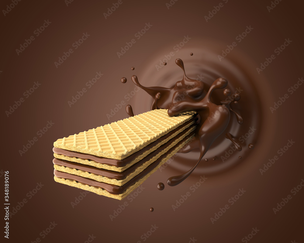 crispy wafer with chocolate Splash, with Clipping path 3d illustration ...