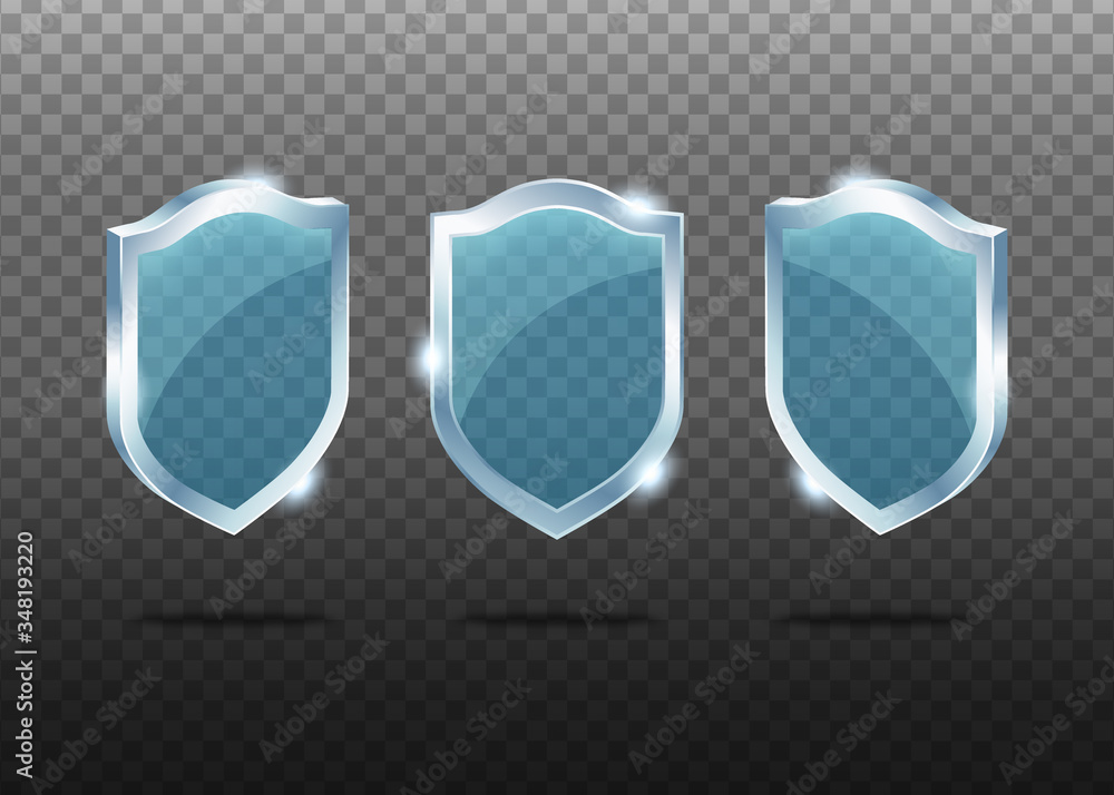 Glass realistic shields set. Blank transparent blue acrylic glass panel ...