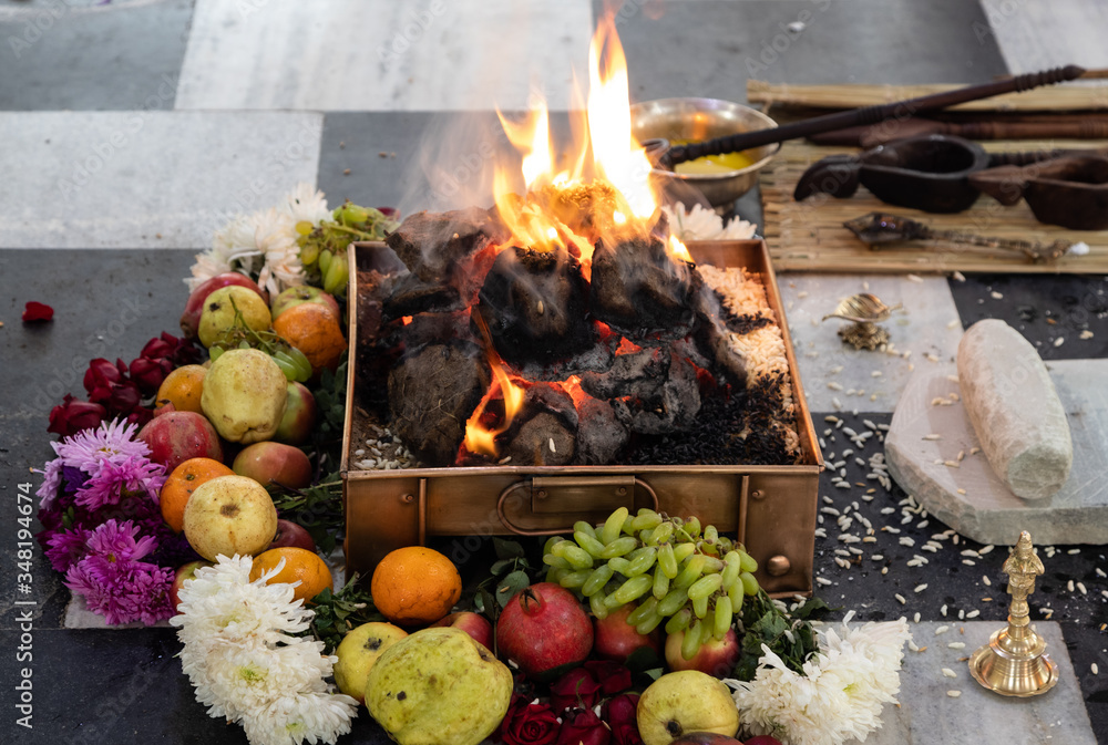 items for the Indian Yajna ritual. Indian Vedic fire ceremony called ...