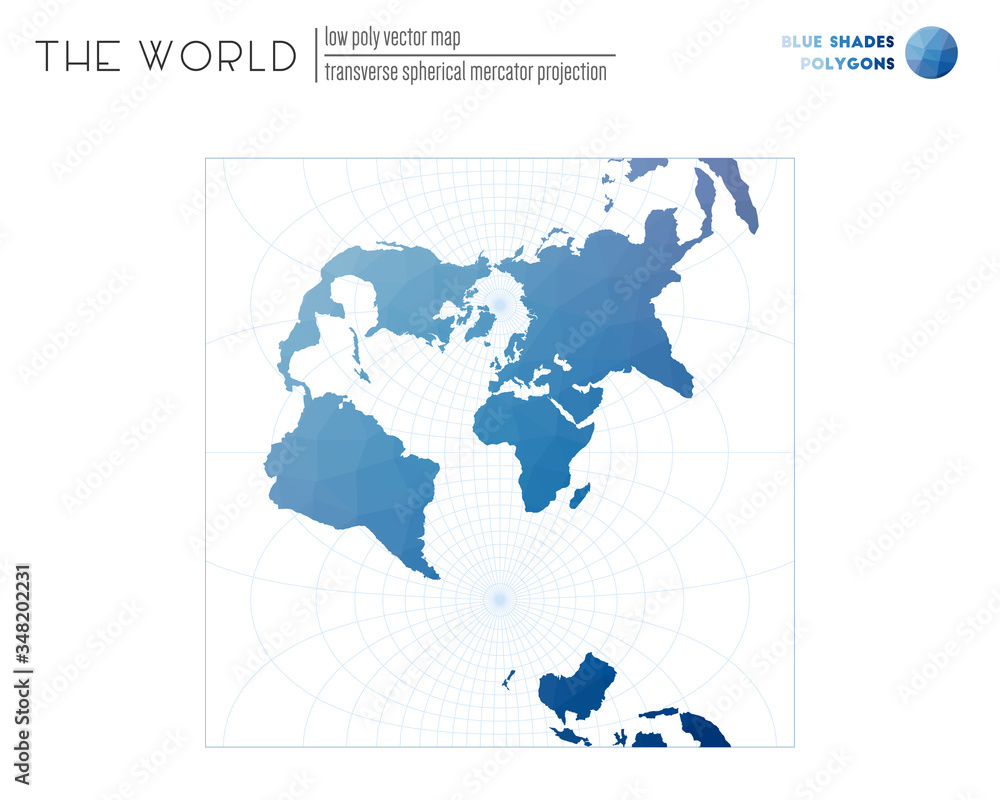 World map with vibrant triangles. Transverse spherical Mercator ...
