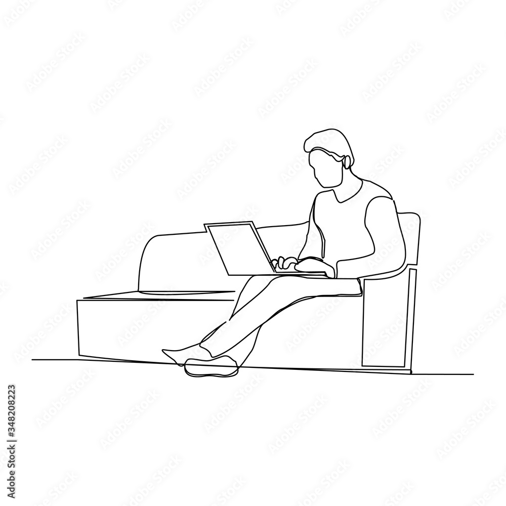 continuous line drawing of man work from home at sofa with laptop ...