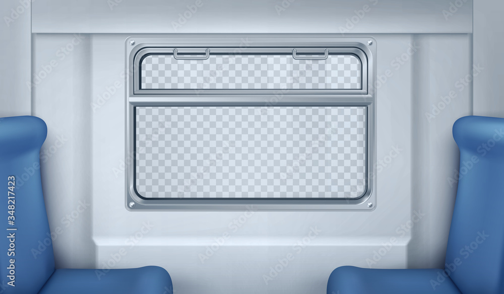 Train wagon interior with seats, window and gray wall. Vector realistic ...