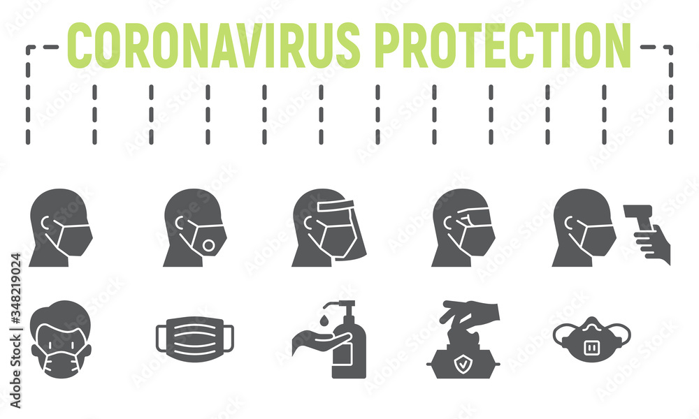 Medical Safety equipments glyph icon set, coronavirus protection ...