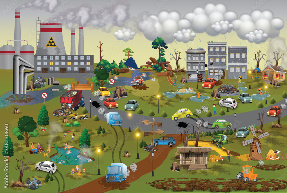Ecological game map. Polluted city. Board game with ecological 3R ...