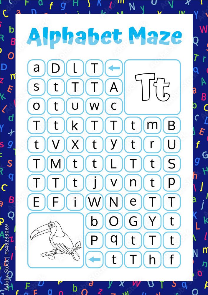 Alphabet Maze. Letter T - Toucan. Educational Puzzle Worksheet. Vector ...