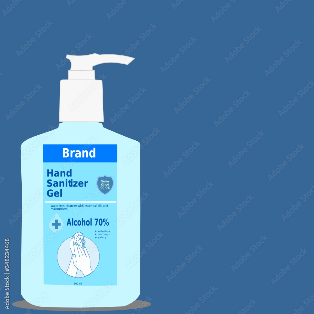 Hand sanitizer pump bottle with text on label on the blue background ...