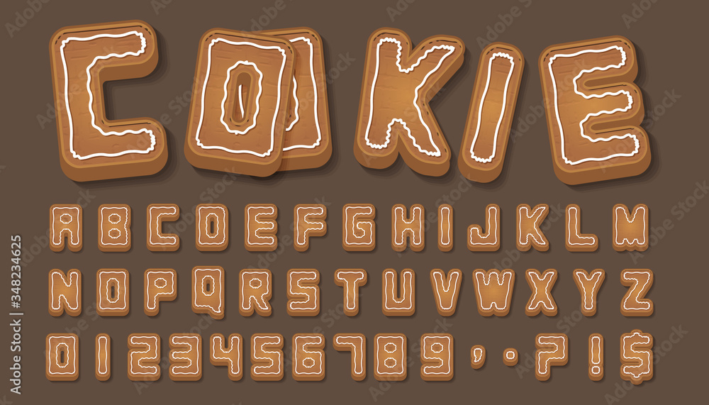 Cookie font with cream line, alphabet letters and numbers, Eps10 vector ...