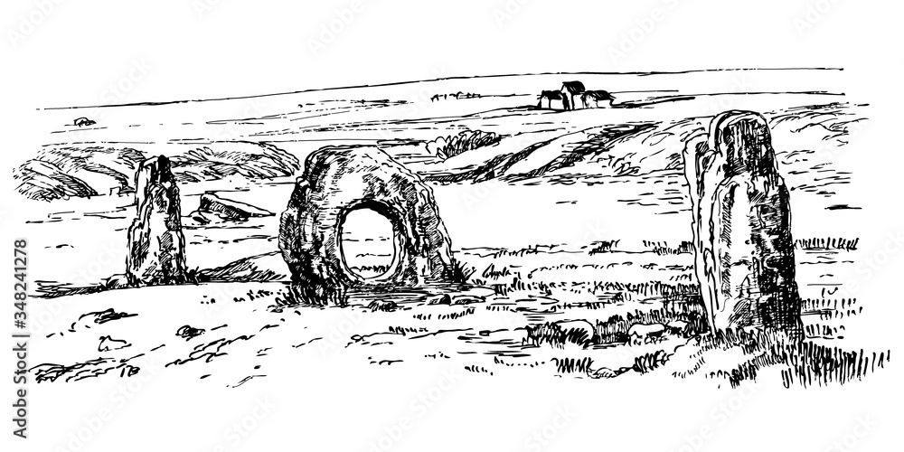 Menhirs, vertical stones of unknown origin, vector illustration ...