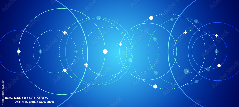 Abstract vector illustration with overlapping circles, dots and dashed circles. Science and ...