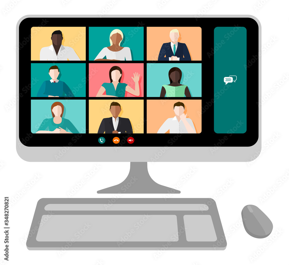 Computer screen with a video conference call with multicultural people ...